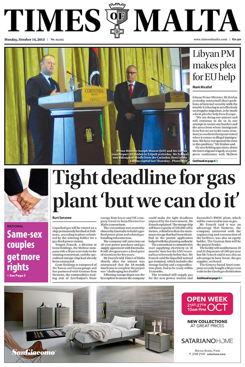 October 14: The front page of Times of Malta 10, 25 and 50 years ago