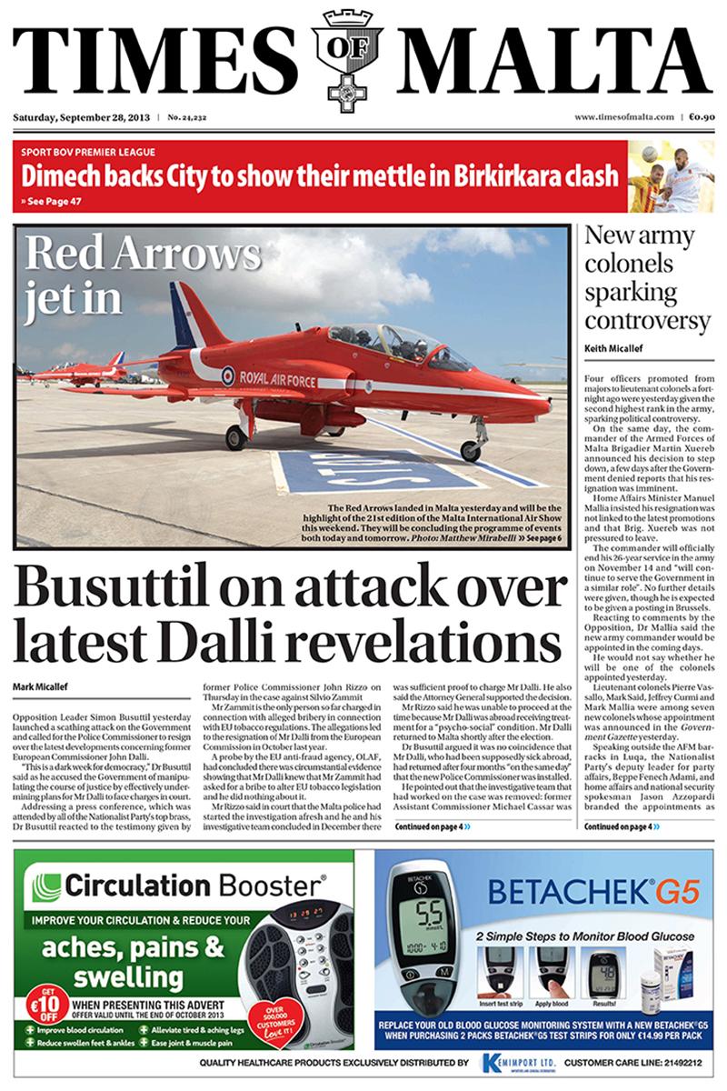 September 28: The front page of Times of Malta 10, 25 and 50 years ago