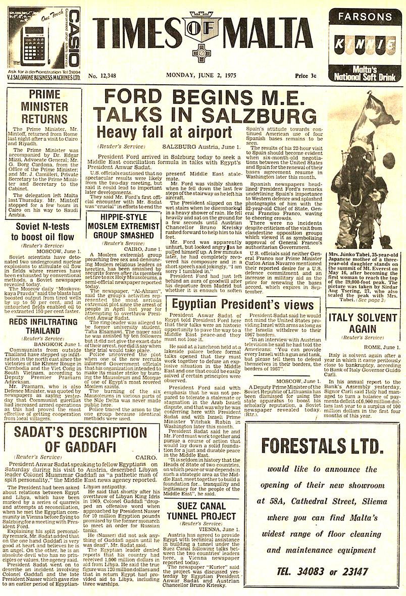 June 2: The front page of Times of Malta 10, 25 and 50 years ago