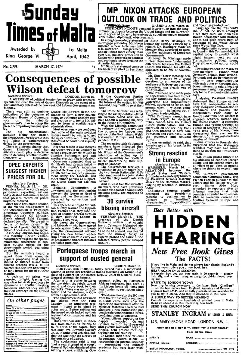 March 17: The front page of Times of Malta 10, 25 and 50 years ago