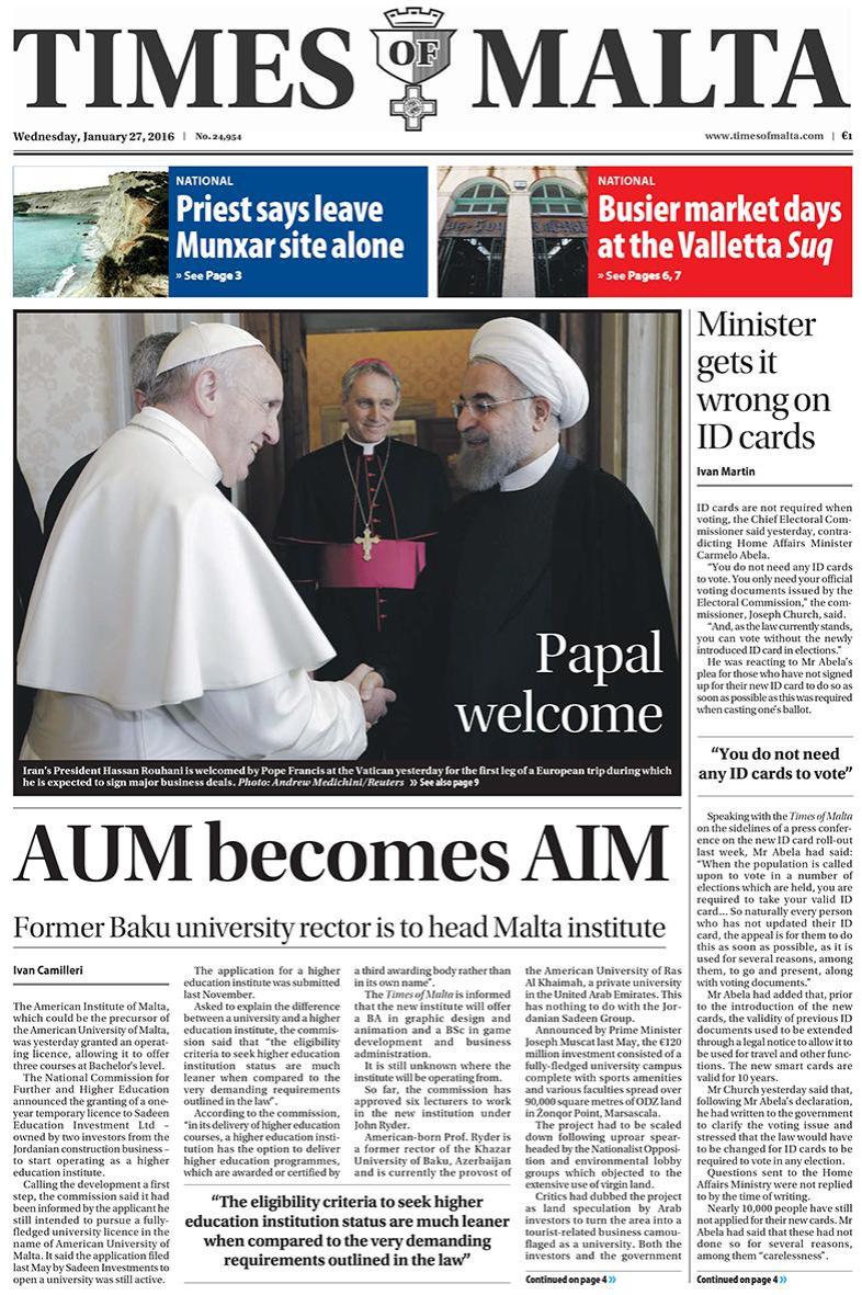 January 27: The front page of Times of Malta 10, 25 and 50 years ago