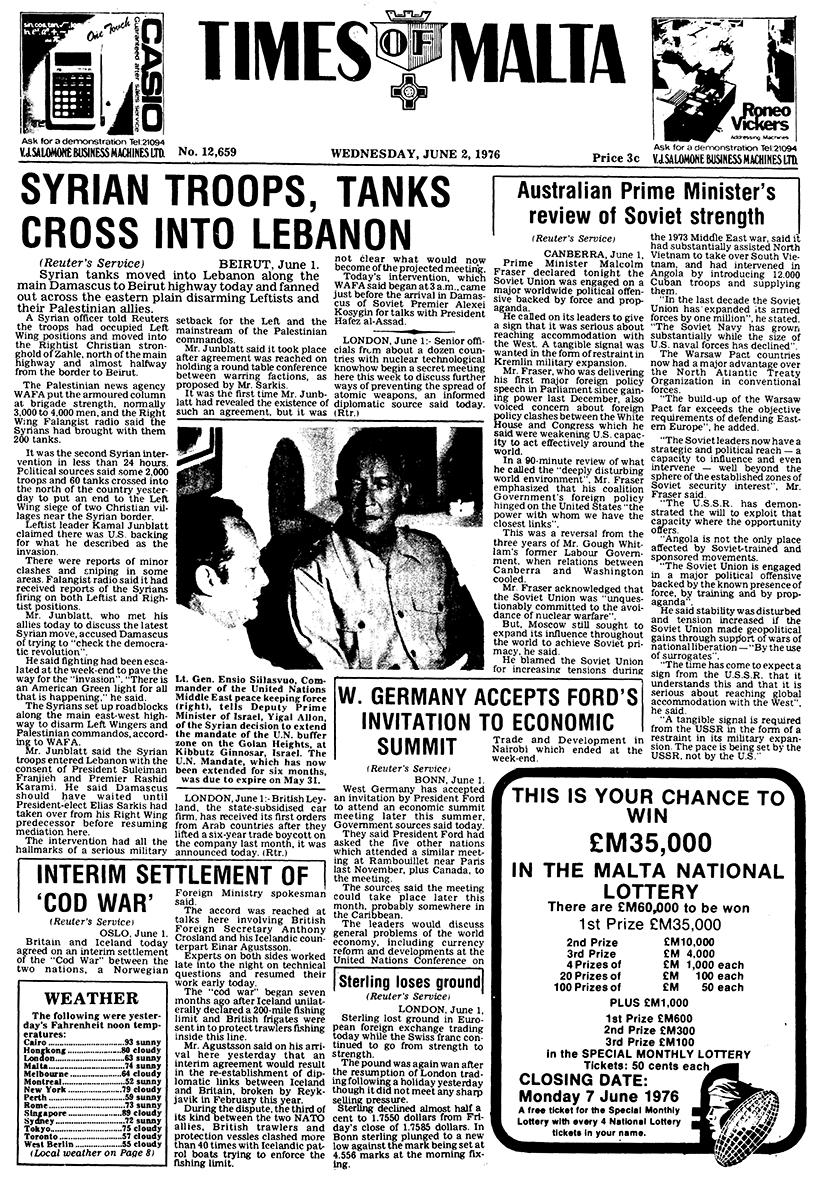 June 2: The front page of Times of Malta 10, 25 and 50 years ago
