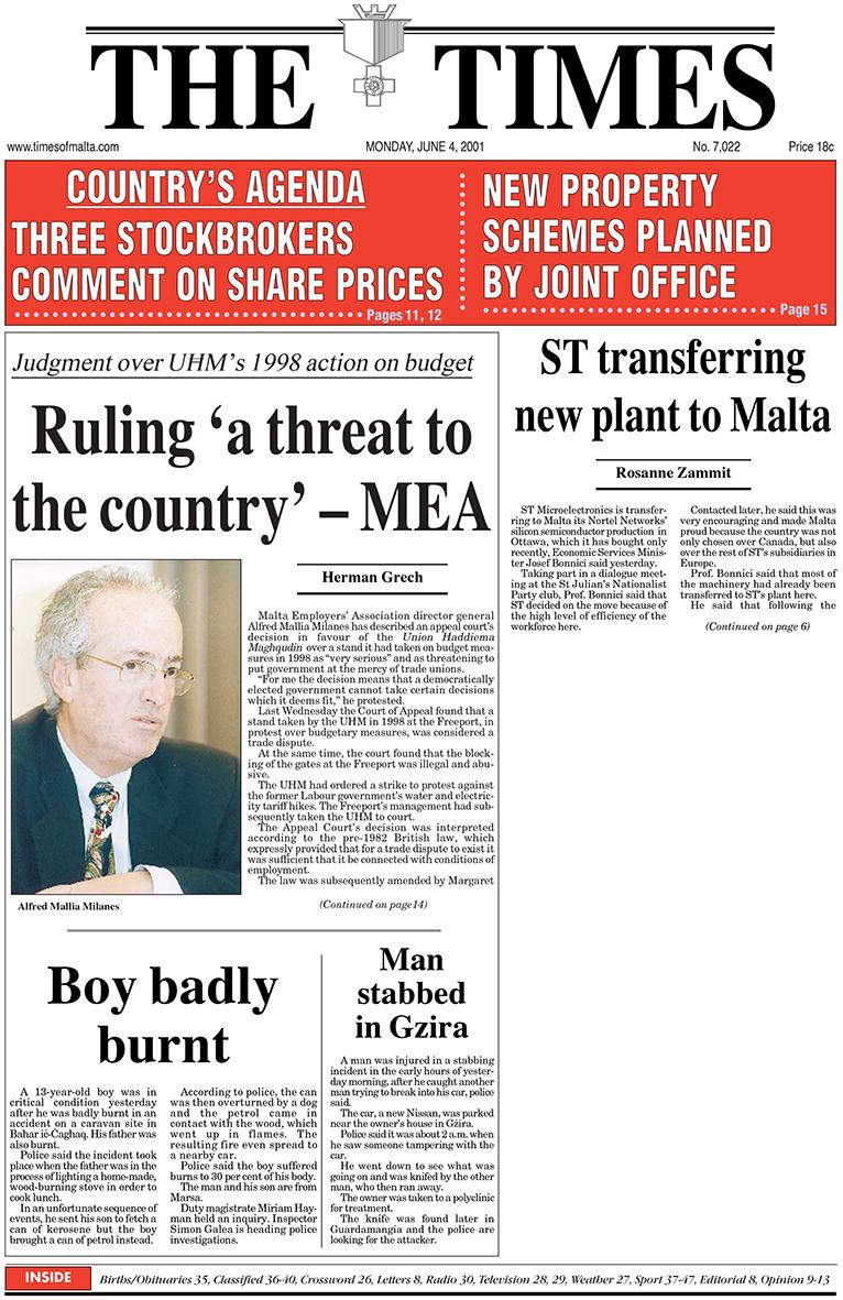 June 4: The front page of Times of Malta 10, 25 and 50 years ago