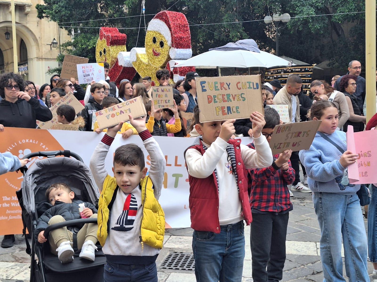 Children march through Valletta in first-ever peace march