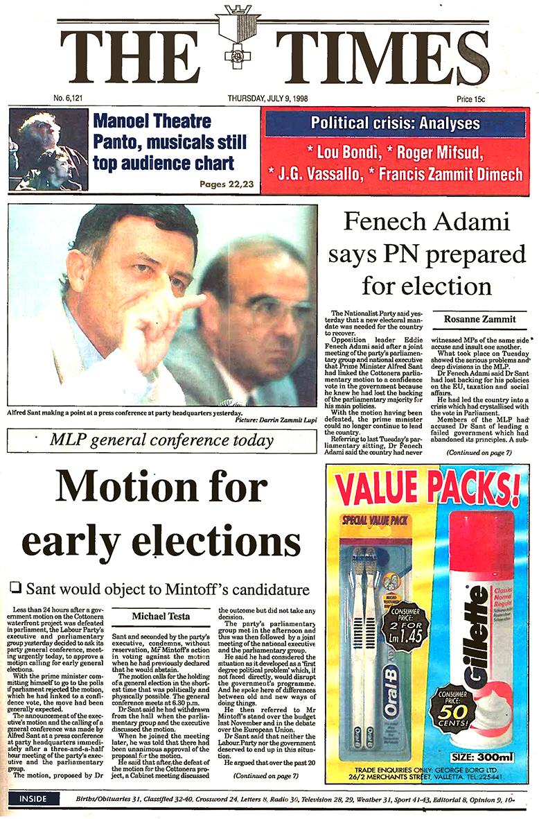 July 9: The front page of Times of Malta 10, 25 and 50 years ago