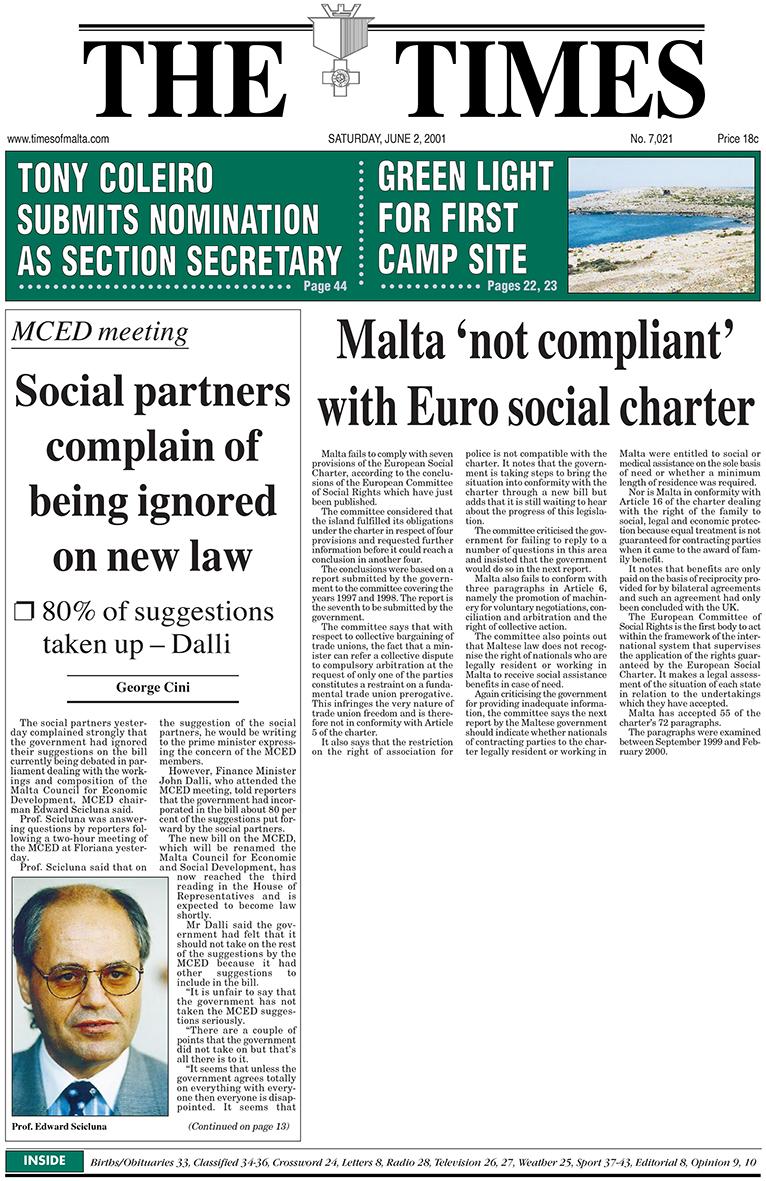 June 2: The front page of Times of Malta 10, 25 and 50 years ago