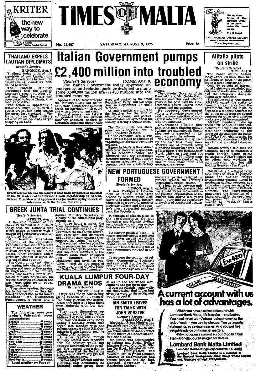 August 9: The front page of Times of Malta 10, 25 and 50 years ago