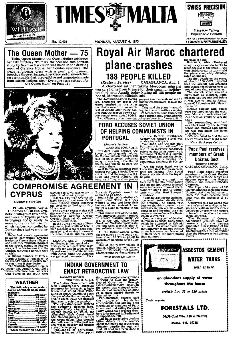 August 4: The front page of Times of Malta 10, 25 and 50 years ago