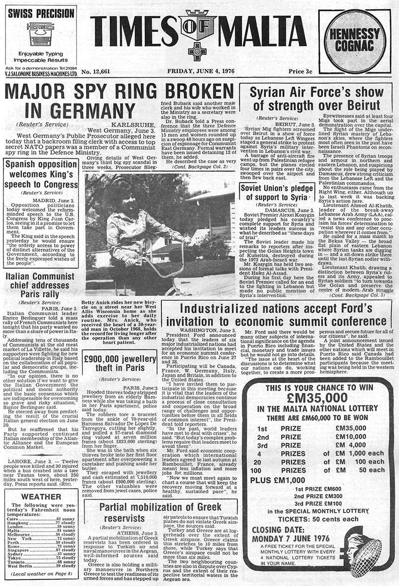 June 4: The front page of Times of Malta 10, 25 and 50 years ago