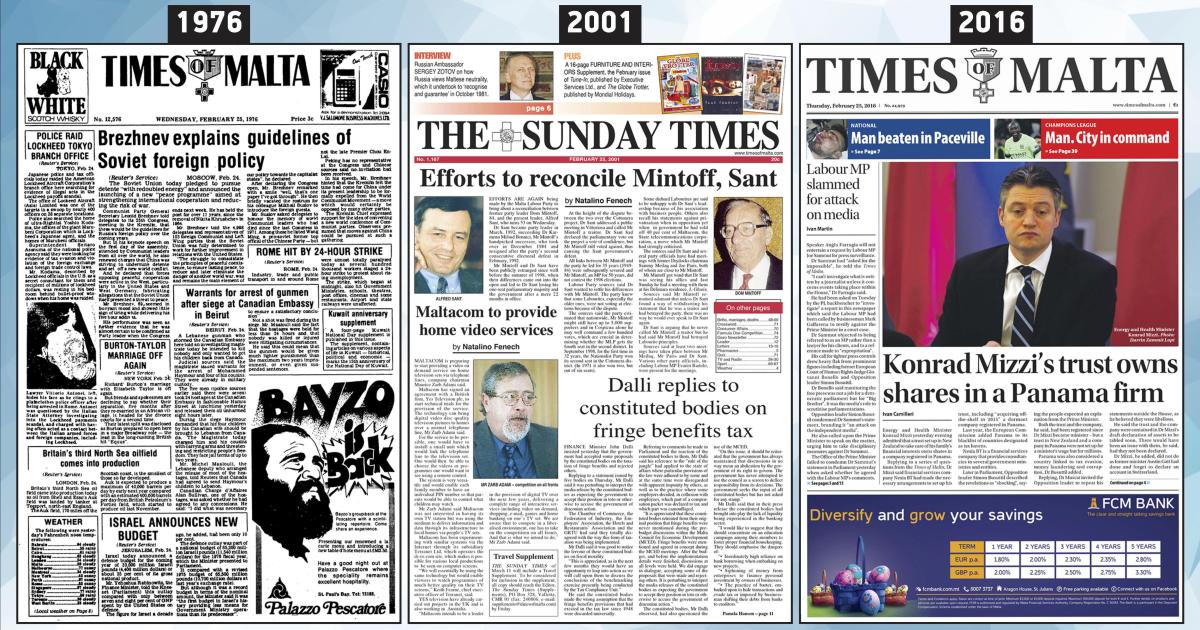 February 25: The front page of Times of Malta 10, 25 and 50 years ago