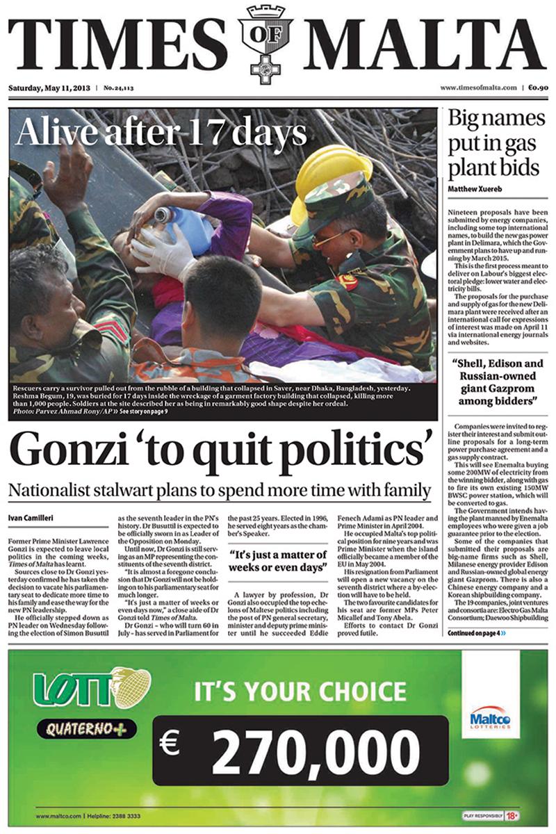 May 11: The front page of Times of Malta 10, 25 and 50 years ago