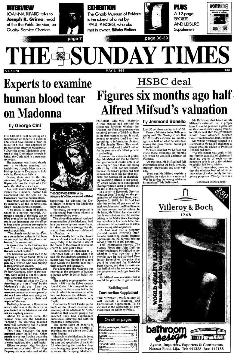 May 9: The front page of Times of Malta 10, 25 and 50 years ago