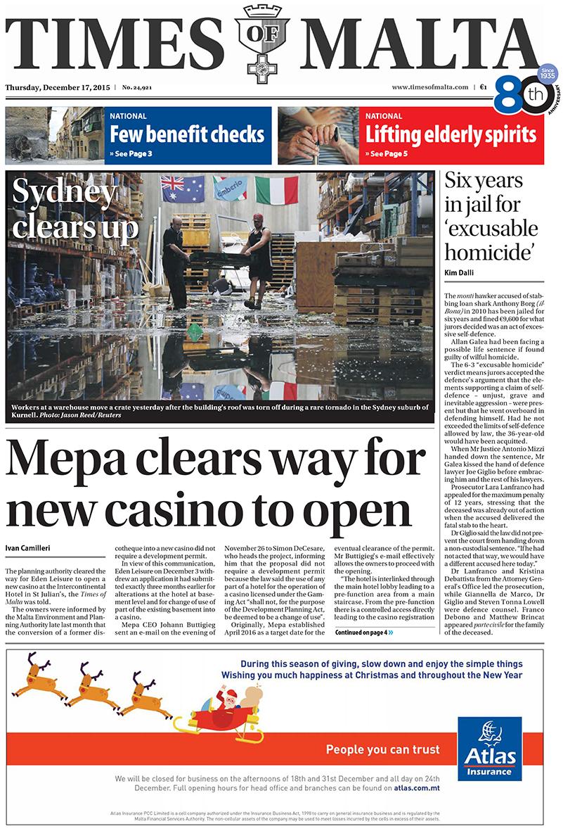 December 17: The front page of Times of Malta 10, 25 and 50 years ago