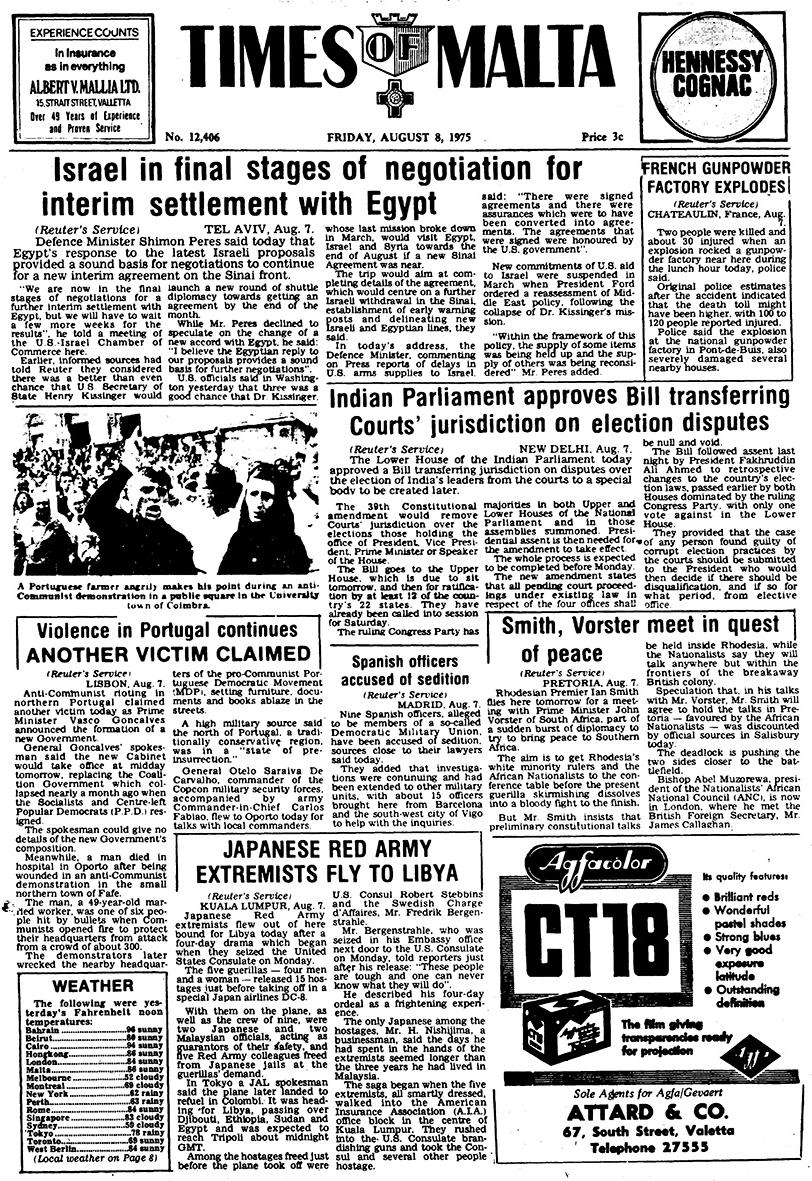August 8: The front page of Times of Malta 10, 25 and 50 years ago