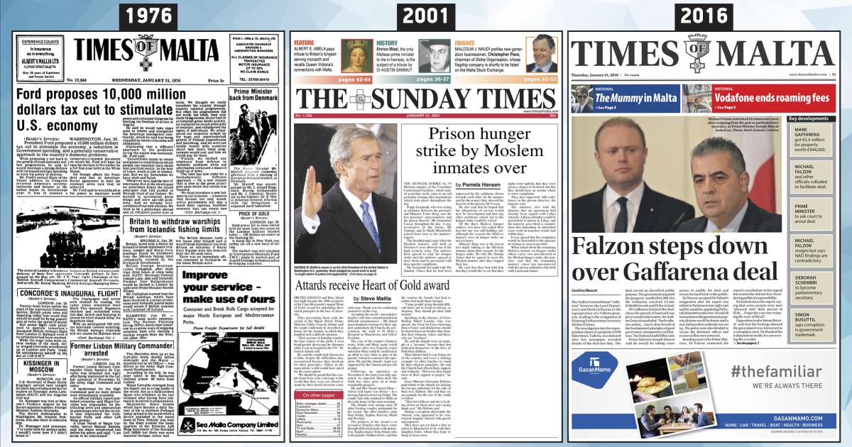 January 21: The front page of Times of Malta 10, 25 and 50 years ago