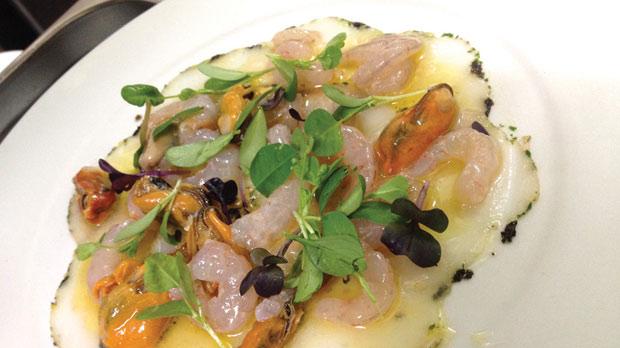 Grouper carpaccio with raw prawns and mussels off the shell