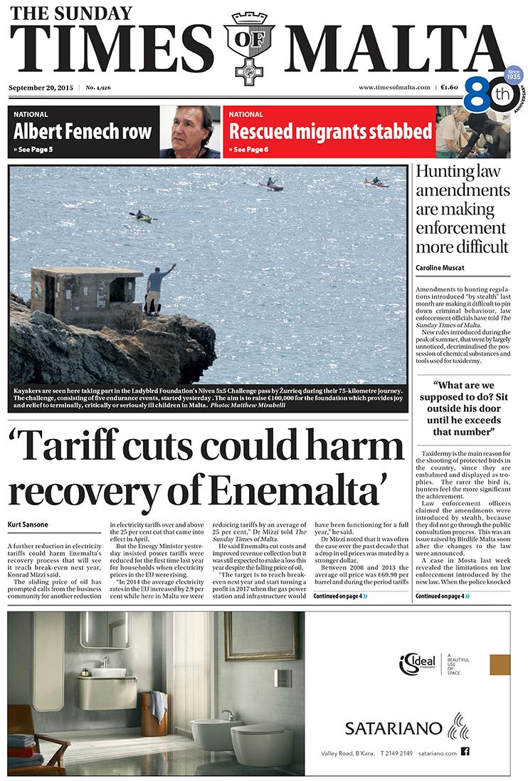 September 20: The front page of Times of Malta 10, 25 and 50 years ago