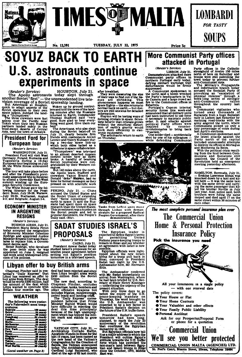 July 22: The front page of Times of Malta 10, 25 and 50 years ago
