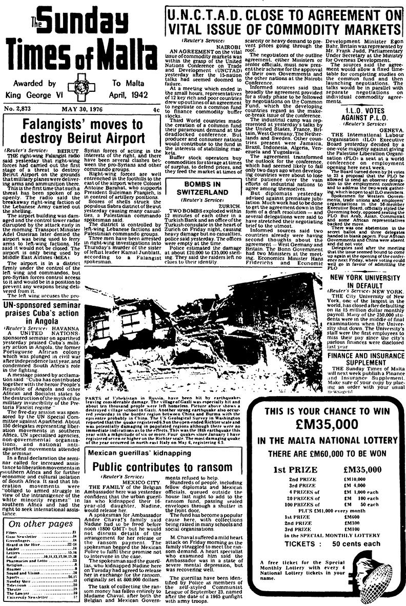 May 30: The front page of Times of Malta 10, 25 and 50 years ago