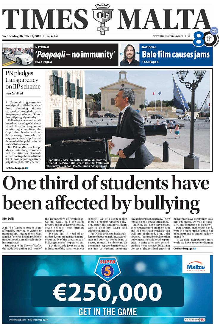October 7: The front page of Times of Malta 10, 25 and 50 years ago
